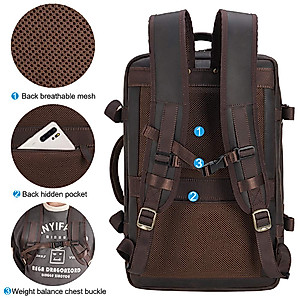 Masa Kawa Vintage Leather Backpack for Men Fits 15.6 Inch Laptop Expandable 36L Business Travel Carry On Backpack School Daypack Weekender Bag