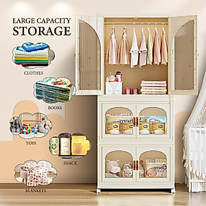 EHAMILY Portable Kids Closet Children's Wardrobe Collapsible Plastic Baby Clothes Large Cabinet Bedroom Nursery Armoire Quick Install Toddler Dresser with Hanging Rod and Door,White