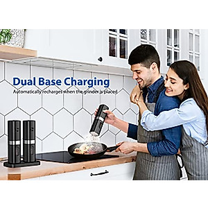 Electric Salt and Pepper Grinder Set, COSYAIREY 𝟮𝟬𝟮𝟯 𝙉𝙚𝙬 Rechargeable Salt and Pepper Mill with Charging Base, White LED Light, One Hand Automatic Operation, Adjustable Coarseness, Black, 2Pack