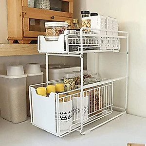 Warmiehomy Under Sink Organizers and Storage,2 Tier Sliding Metal Drawer Seasoning Shelf Storage,Pull Out Cabinets Organizer Shelf for Kitchen/Pantry/Bathroom/Office (White) (37.4×26.5×44cm
