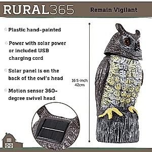 Rural365 Owl Decoy Bird Deterrent - Artificial Solar Powered Fake Owl with Rotating Head, Flashing Eyes, and Bird Sounds