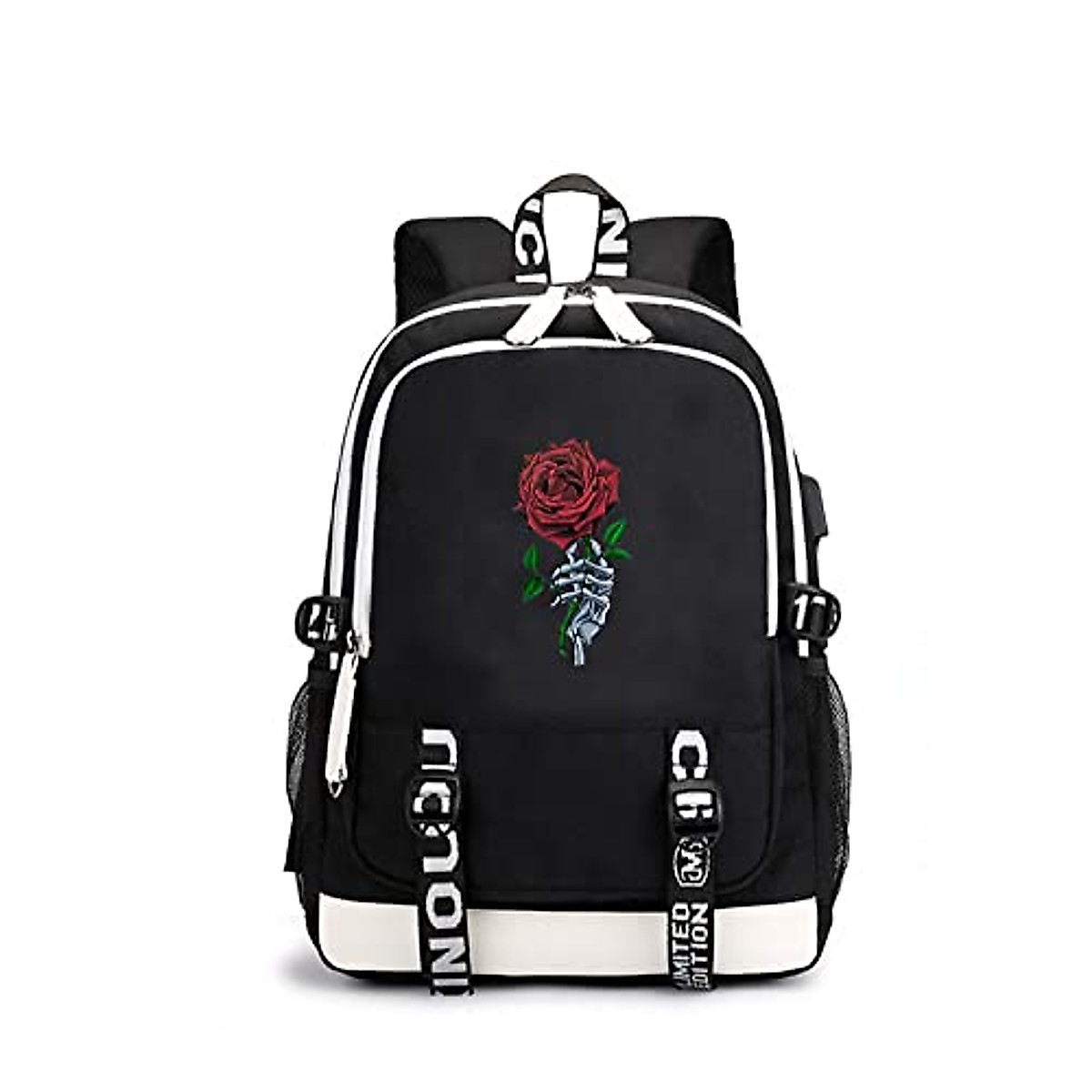 TwinYe Skeleton Hand White Red Rose Flower Backpack with USB Charging Port for Teen. (Red Rose), Black