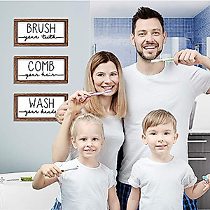 LIBWYS Bathroom Sign & Plaque (Set of 3) Wash Your Hands Brush Your Teeth Comb Your Hair Decorative Rustic Wood Farmhouse Bathroom Wall Decor (White)