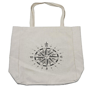 Ambesonne Compass Shopping Bag, Hand Drawn Compass with the Face of the Sun on Directions North South East West Sailing, Eco-Friendly Reusable Bag for Groceries Beach and More, 15.5" X 14.5", Cream