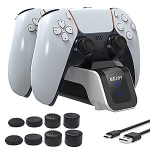 BEJOY PS5 Charging Station, Dual Type-C Controller Charger with Analog Stick (8PCS), Fast Charging Dock with LED Indicator for Sony Playstation 5 DualSense, White