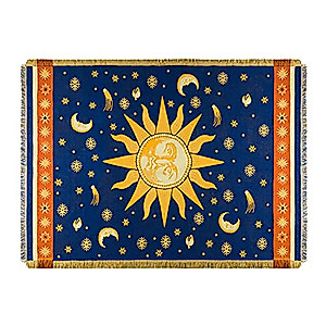 CUEERBOT Sun and Moon Stars Throw Blanket Celestial Tapestry Double-Sided Reversible Woven Cotton Home Decor Bedding Chair Couch Recliner Cover Loveseat Rug Tassels Blue Yellow