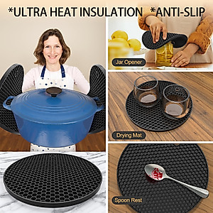 Ultra Thick 8mm Silicone Trivets for Hot Dishes Pots and Pans, Silicone Trivet Mat Hot Plates to Protect Table, Silicone Hot Pads for Kitchen Counter, Pot Holders, Black Trivet Set of 3