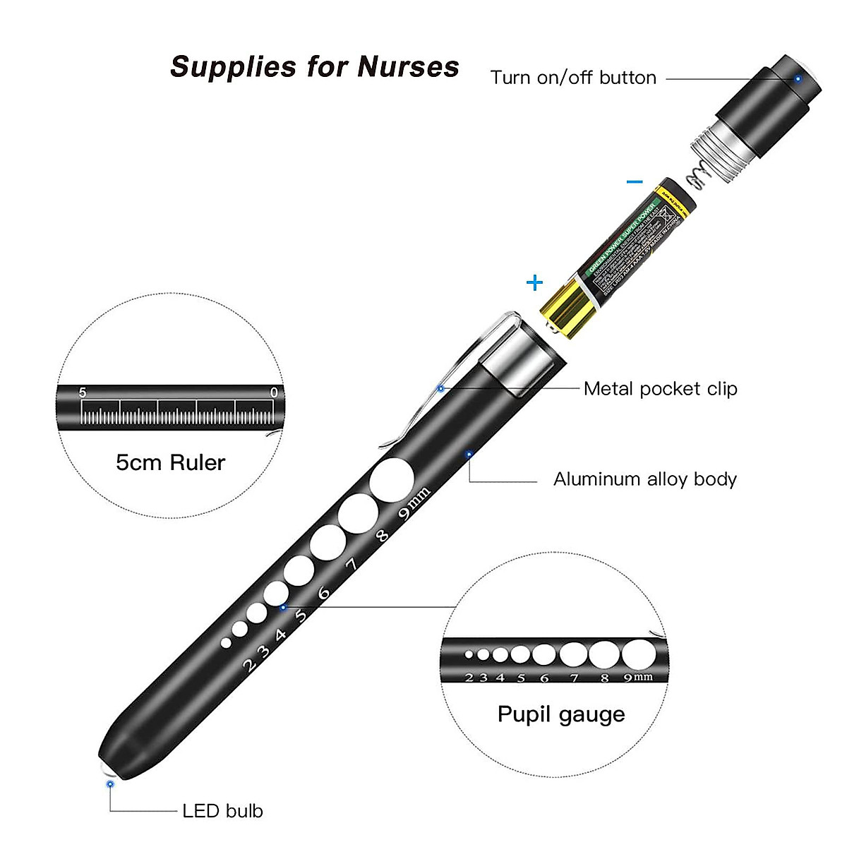 Opoway Nurse Penlight with Pupil Gauge LED Medical Pen Lights for Nursing Doctors Batteries Free, Black 2ct.