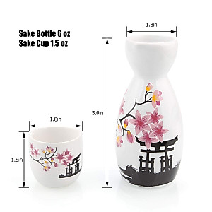 ABuff Japanese Sake Set, 1 Tokkuri Bottle & 4 Ochoko Cups, Spring Blossoms Ceramic Sake Set- Microwave and Dishwasher Safe