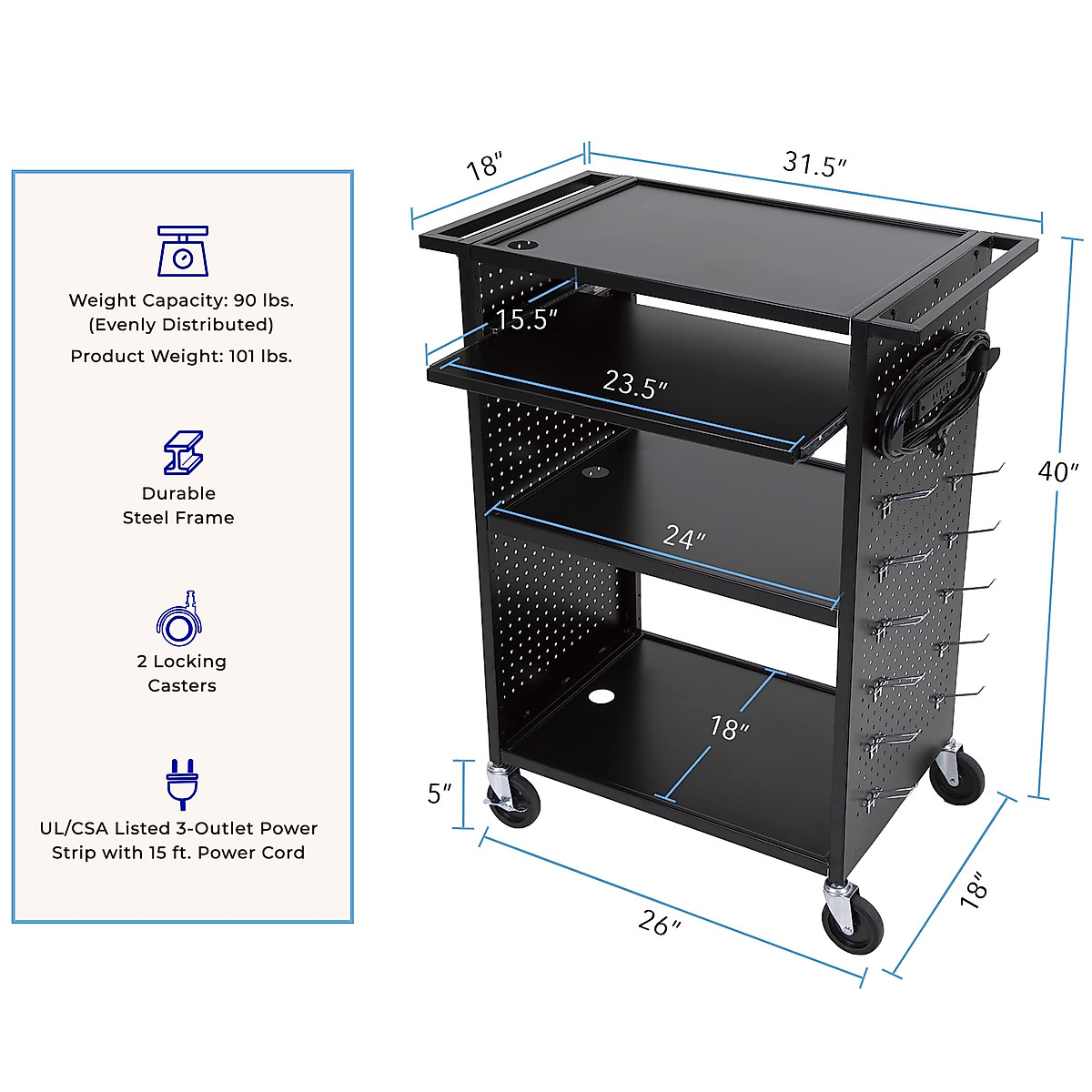 Line Leader Stellar AV Cart | Reimagine Your Teacher Cart with Revolutionary Pegboard Siding & 12 Movable Peg Hooks for Customizable Storage | UL Safety Certified Mobile Workstation with Keyboard Tray