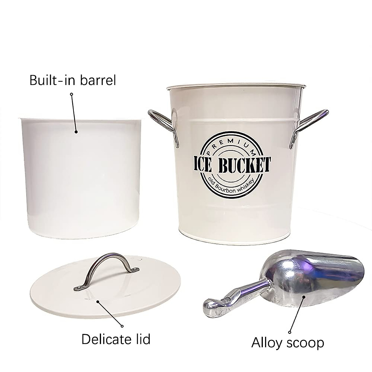 Home by Jackie Inc T586A 4L Cream White Metal Galvanized Double Walled Ice Bucket Set with Lid and Scoop