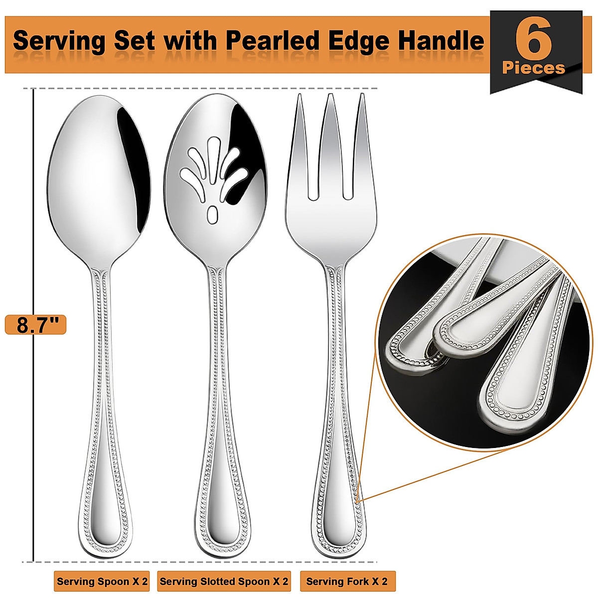 Serving Set, HaWare 6 Pieces Stainless Steel Silverware Serving Utensils, Pearled Edge Hostess Serving Set for Buffet Party Kitchen Restaurant, Mirror Finished & Dishwasher Safe