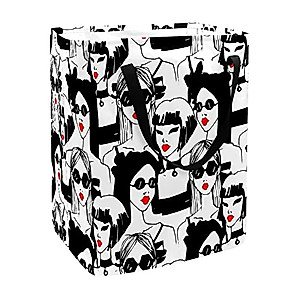Fashion Girls in Red Lip Sunglasses Print Collapsible Laundry Hamper, 60L Waterproof Laundry Baskets Washing Bin Clothes Toys Storage for Dorm Bathroom Bedroom