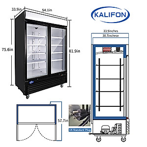 kalifon Commercial Glass 2 Door Display Refrigerator 49 Cu.Ft Beverage Cooler Merchandiser Upright with LED Light for Home Restaurant Grocery Stores