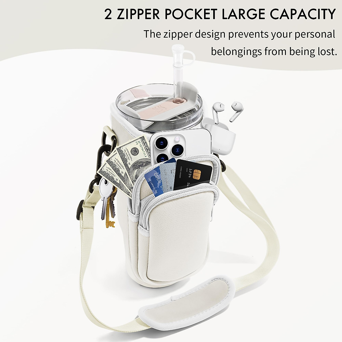 JEBEALUO Water Bottle Carrier Bag with Phone Pocket for Stanley Cup 40/30 oz, Water Bottle Holder with Adjustable Strap& Straw Cover, Stanley Cup Accessories (White)