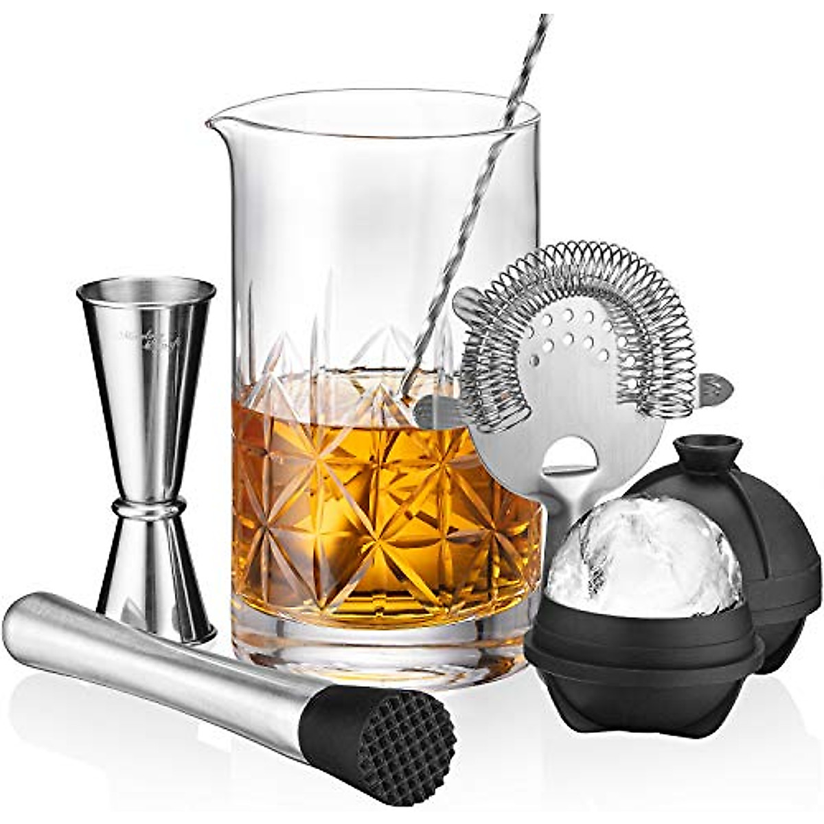 Mixology & Craft Cocktail Set - 7-Piece Bartender Kit - Mixing Glass Set Includes Crystal Stirring Glass (24oz), Japanese Jigger, Spoon, Muddler and Strainer - Bar Accessories and Tools