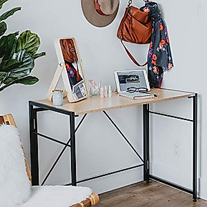 SOFSYS Modern Folding Computer Writing Desk for Small Space, Gaming, and Home Office Organization, Foldable Industrial Metal Frame with Sturdy Desktop for Students or Small Business, Oak/Black