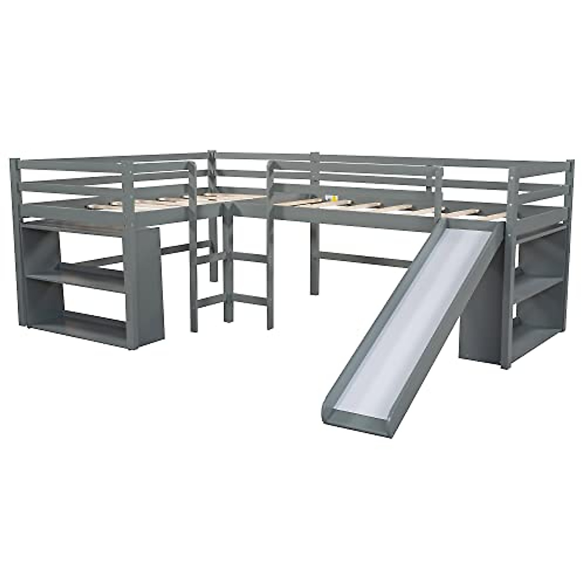 VilroCaz L-Shaped Twin Size Loft Bed with Widened Ladders and Slide, Solid Wood Loft Bed Frames with Safety Guardrail and Movable Bookshelfs for Kids, Teens, Girls & Boys (Gray)