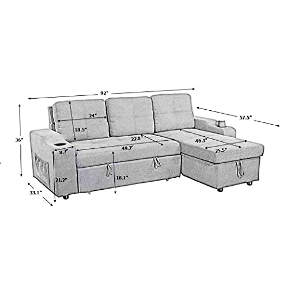Cotoala L-Shape Sectional Sofa with Pull-Out Bed and Storage Space, Right Convertible Sleeper Couch w/Chaise Longue, 2 Cup Holders & Side Pockets, for Living Room, Apartment, 92", Dark Gray