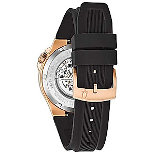 Bulova Men's Classic Maquina Rose Gold Stainless Steel 3-Hand Automatic Watch with Black Silicone Strap, Skeleton Dial Style: 98A177