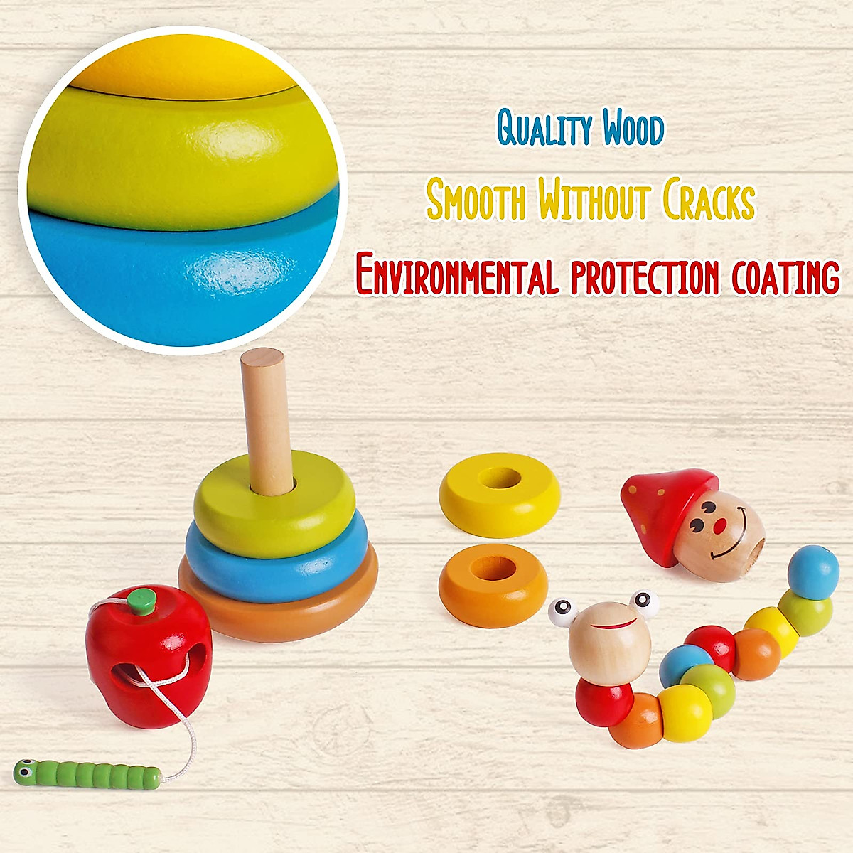 SHIERDU Four-in-one Early Education Set Bead Maze Toy for Toddlers Montessori Activity Caterpillars Eat Apple Wooden Rainbow Stacker Twisting Caterpillar Toddler Activity Center Portable Travel Toys