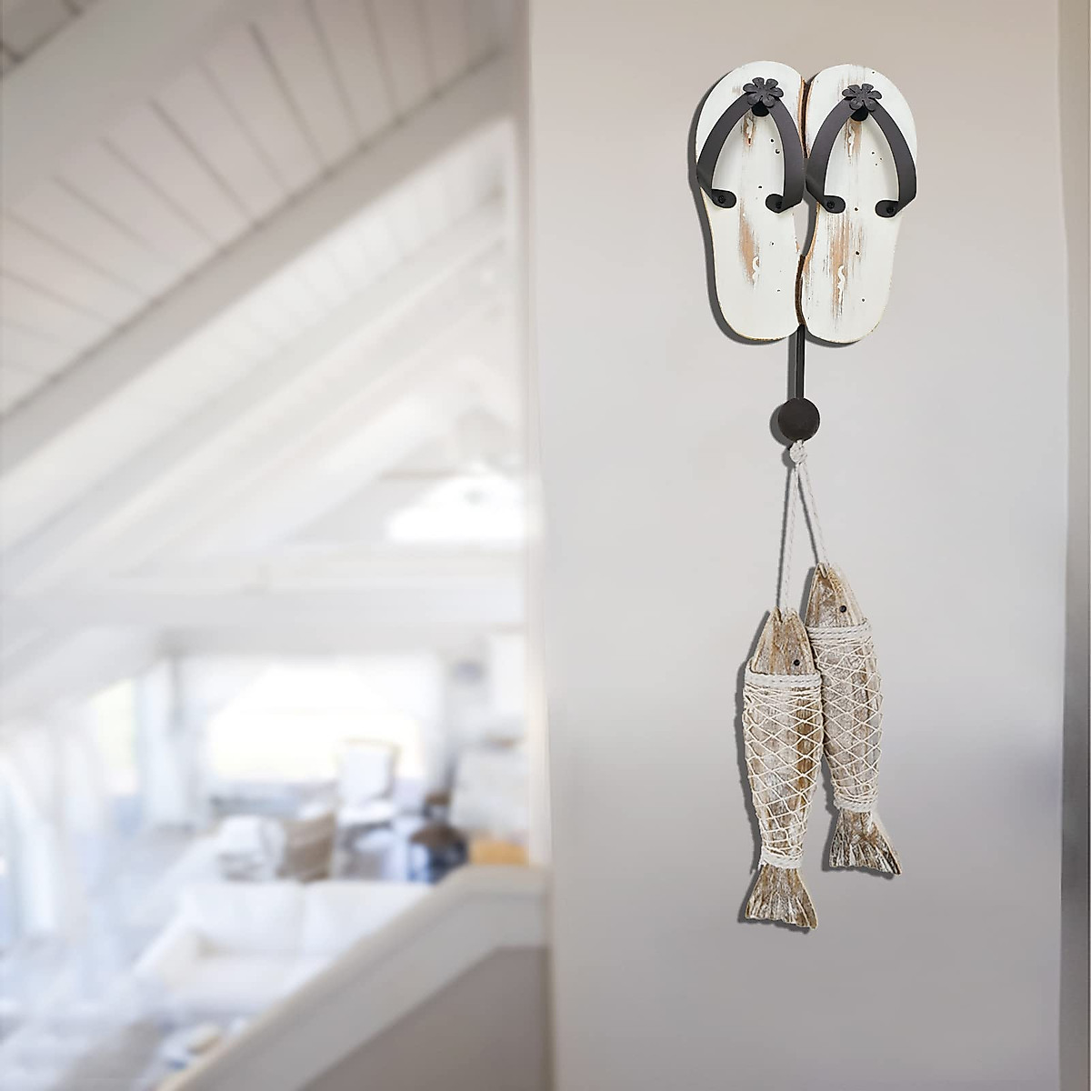 Aecipl Wooden Wall Hooks Hanging Flip Flop Sign Beach Themed Decor Nautical Coat Towel Hook for Bathroom Bedroom Pool Wall Mounted Decorative Slipper Decoration (White + White)