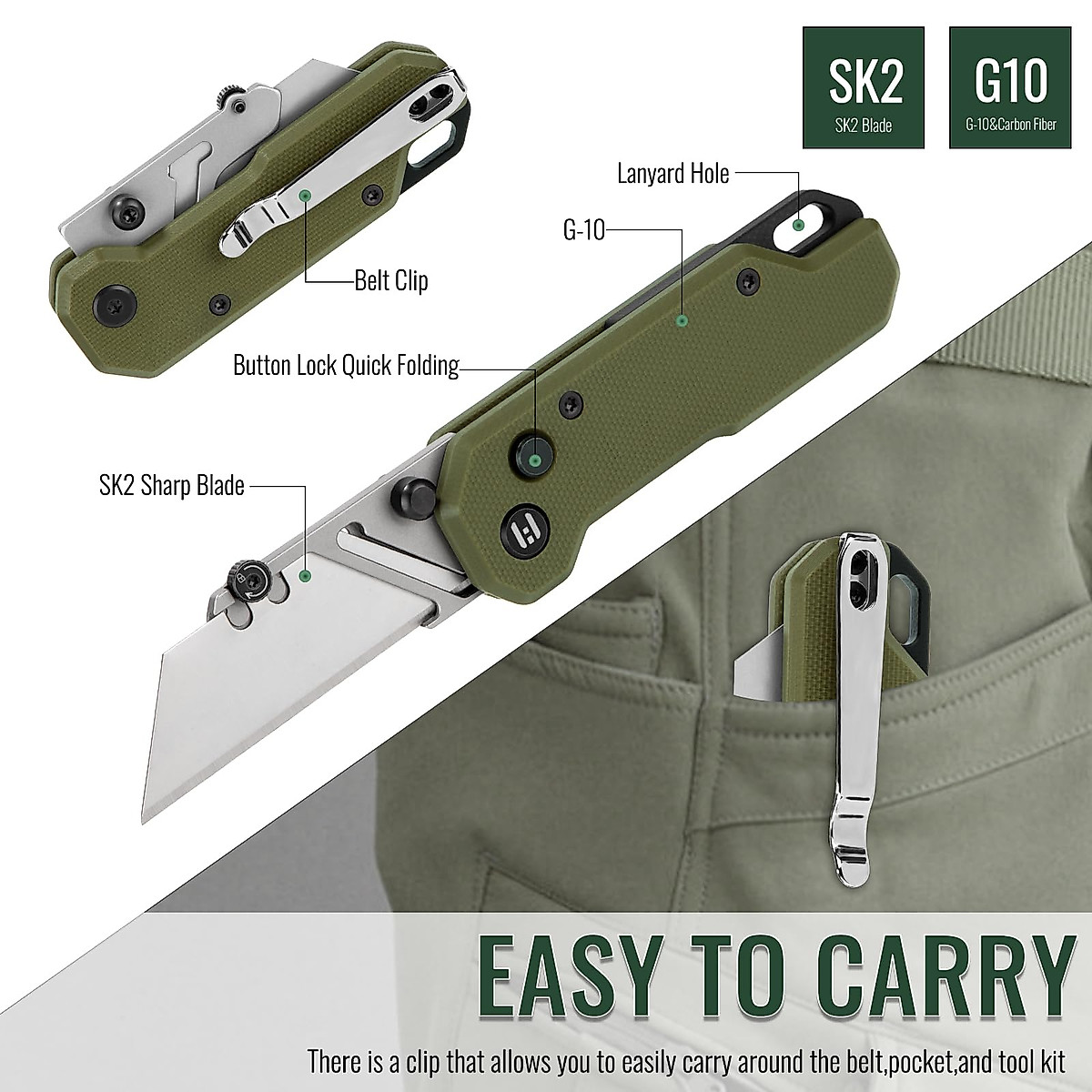 HIGHTRON Vectron Folding Utility Knife Box Cutter,Box Cutter Knife,Pocket Carpet Knife,Razor Knife with G10 Handle&Belt Clip,Quick-change Blade,Utility Pocket EDC Knife with 10 Extra SK2 Blades(Green)