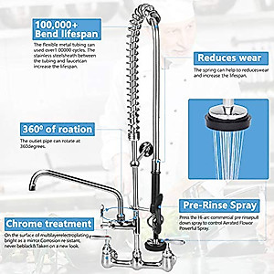 COOLWEST Commercial Sink Faucet 8 Inch Center Wall Mount Kitchen Faucet with Pull Down Pre-Rinse Sprayer and 12” Add-on Swivel Spout, 36” Height Perfect for 3 Bay Compartment Sink