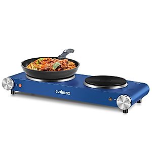 Hot Plate, CUSIMAX Double Burner, 1800W Electric Cooktop, Cast Iron Hot Plate for Cooking, Portable Electric Stove, Stainless Steel Countertop Burner, Easy to Clean, Blue