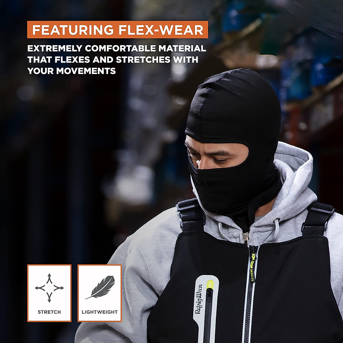 RefrigiWear Flex-Wear Lightweight Lined Long Neck Open Hole Balaclava Face Mask (Black, One Size Fits All)