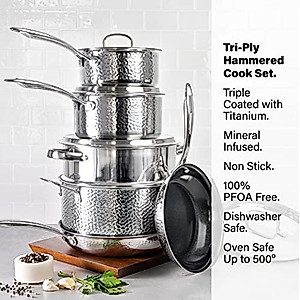 Granitestone Hammered Stainless Steel Pots and Pans Set, Tri Ply Ultra-Premium Ceramic Cookware Set with Nonstick Coating, Kitchen Set Nonstick Frying Pans, Stock Pots & Skillets, Hammered Finish