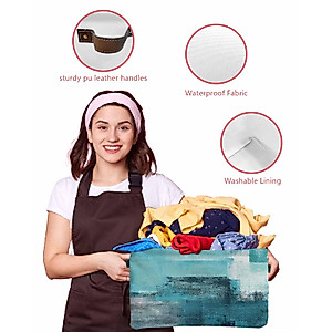 Abstract Storage Basket Turquoise Painting Large Foldable Storage Bins with Handles Modern Art Teal Gray Waterproof Fabric Laundry Baskets for Organizing Shelves Closet Toy Gifts Bedroom Home Decor