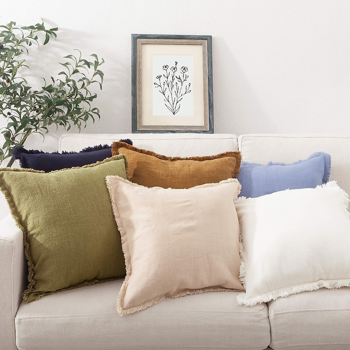 ATLINIA Fringed Cushion Cover 20 x 20 Soft Linen Decorative Throw Pillow Cover for Couch Sofa Bed and Outdoor Olive Pillow Cover