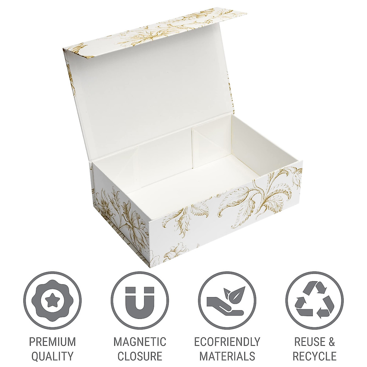 Sorarto Luxury Magnetic Gift Box | Sturdy Reusable Decorative Gift Boxes for Groomsmen & Bridesmaid Proposal, Wedding, Fancy Birthday Presents in White Linen Fabric Paper, 11.5" x 7.5" x 3.5" (Golden Bouquet)