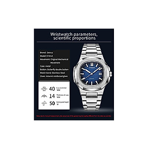 Deicicp Men's Automatic Stainless Steel Nautilus Watch, Classic Elegant Shockproof Waterproof Luminous Sapphire Crystal Analog Watch Business (Blue)