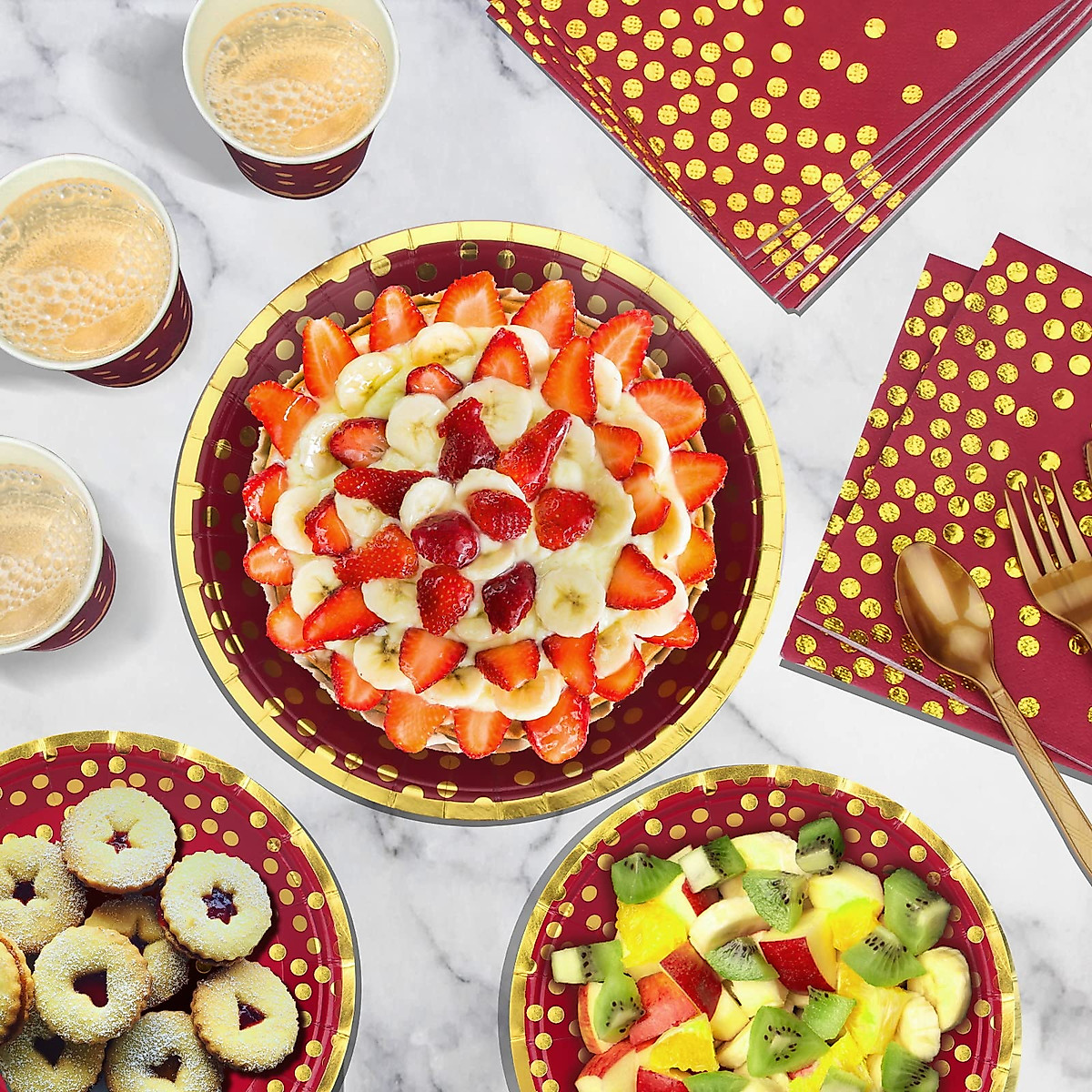 140 Pcs Burgundy & Gold Party Supplies - Gold Dot Disposable Dinnerware - Paper Plates, Napkins, Cups, Plastic Forks, Knives, Spoons for Christmas, Wedding, Graduation Decoration