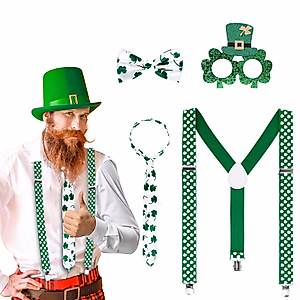 AMS St Patricks Day Suspenders Accessories Decor Women/Men' s Irish Green Party Decorations with a Bow-tie,a Tie,a Pair of Glasses (Set, Green)