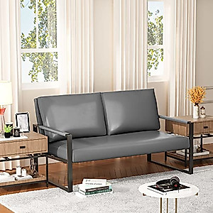 Lamerge Mid-Century Modern Leather Loveseat, 2-seat Loveseat Sofa Couch,Living Room Loveseat Metal Armchair Accent Chair,Upholstered Sofas for Small Space,Bedroom, Apartment,Easy-Assembly, Grey