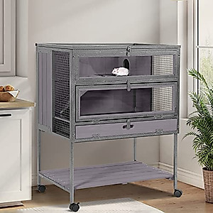 Large Hamster Cage Wooden Guinea Pig Cage, Animal Cage for Rat, Chinchilla, Squirrel, Gerbil, Rabbit, 2-Level Indoor Small Animal Pet Cage with Storage Shelf