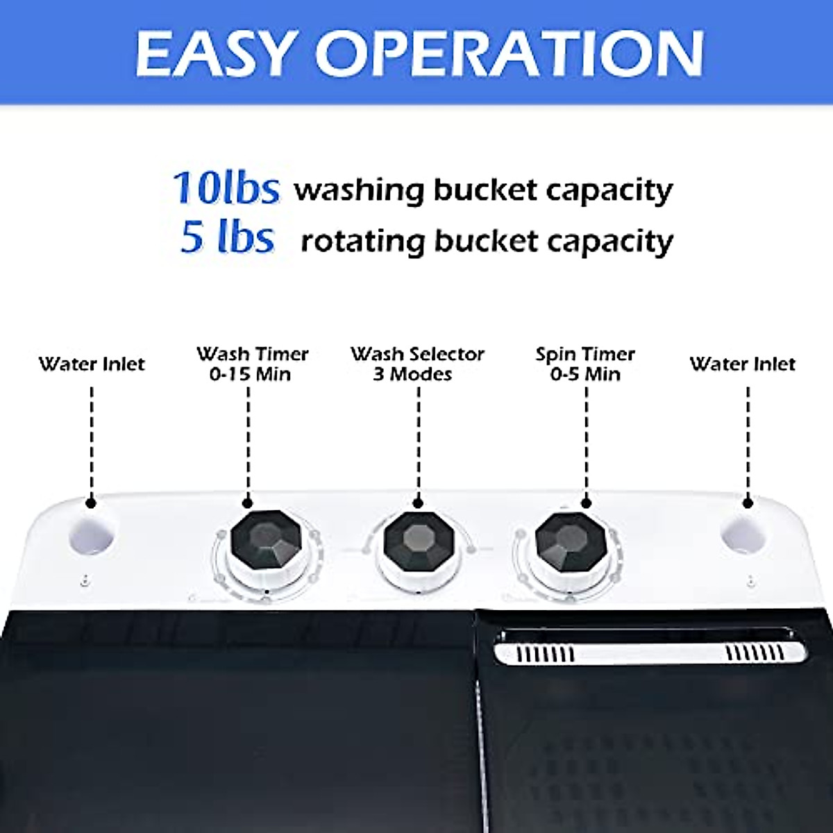 Homguava Portable Washing Machine 15Lbs Capacity Washer and Dryer Combo 2 In 1 Mini Compact Twin Tub Washing Machine Laundry Washer(10Lbs) & Spinner(5Lbs) with Built-in Gravity Drain Pump,Low Noise and Easy Store for Apartment,Dorms,RV Camping (black+whit