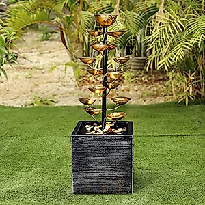 SunJet 31.1inches Modern Metal Water Fountain, Multi-Tier Floor-Standing Water Fountain Cascading Fountain with Lights & Rocks for Indoor/Outdoor Art Decor