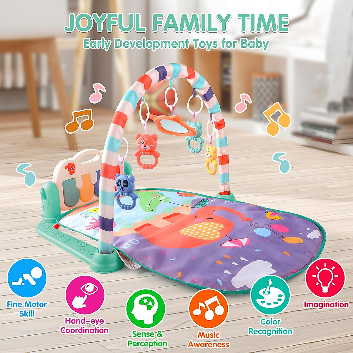 Baby Gym Play Mat, Kick and Play Piano Gym Mat for Infants, Tummy Time Mat Activity Center with Mirror for Newborn Toys 3-6-9 Months(Green)