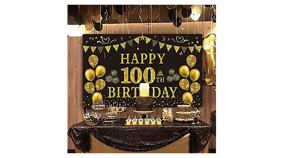 Black & Gold 100th Birthday Backdrop Banner for Parties