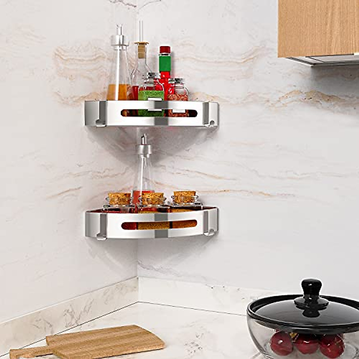 Shower Caddy Corner Bathroom Shelf with Hooks Shower Organizer No Drilling Wall Mounted Basket Rustproof Storage Rack with Adhesive for College Dorm Kitchen Toilet, 2 Pack Sliver