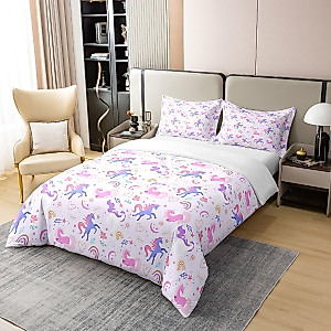 100% Nature Cotton Purple Unicorn Duvet Cover Twin,Dreamy Rainbow Pink Flowers Super Soft Bedding Set,Girls Room Decor Moon Star Love Hearts Comforter Cover Bedding 2 Piece (No Comforter)