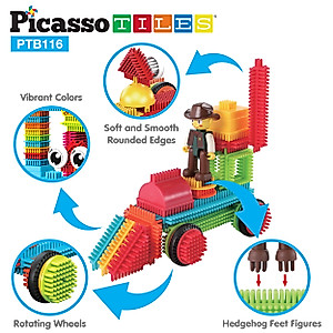 Picasso Toys 116pc Hedgehog Construction Building Blocks Toy Set Interlock Tiles with Idea Book, 4 Action Figure Characters, 4 Decorative Eyes STEM Learning Kit Playset for Boys Girls 3 and Up PTB116