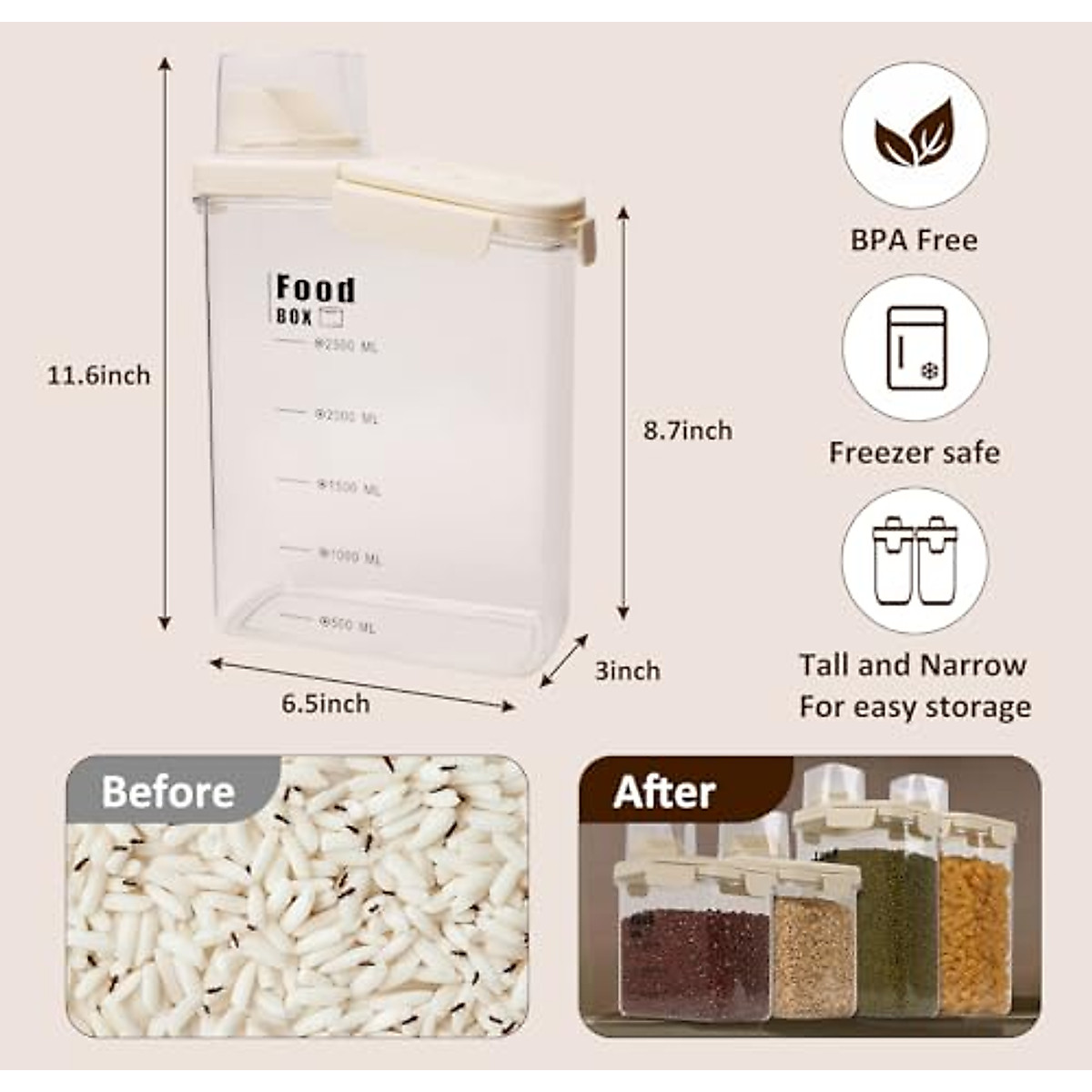 hoforife 2 Pcs Airtight Cereal Containers Storage Set for Kitchen, Large Plastic Rice Dry Food Dispenser Non-Bpa (85oz)