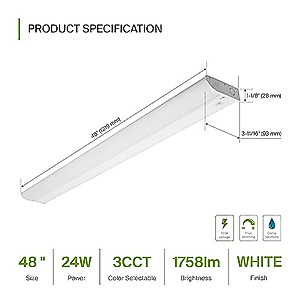 ASD LED Under Cabinet Lighting, 48 inch 24W 1758 LM, Dimmable Hardwired Under Cabinet Lights for Kitchen, 3000K Soft/4000K Cool/5000K Daylight, Under Counter Light Fixtures, ETL Energy Star White