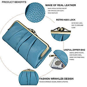 EASTNIGHTS Rfid Blocking Wallets for Women Leather Clutch Wallet Bifold Credit Card Holder Ladies Coin Purse with Zipper and Kiss Lock (Blue)