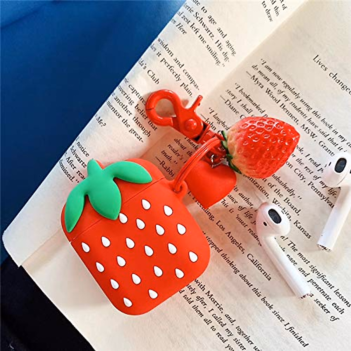 BONTOUJOUR Case Compatible with AirPods 1/2, Super Cute Creative Lovely Delicious Fruit Red Strawberry Shape Case, Soft Silicone Earphone Protection Skin + Strawberry Pendant Keychain